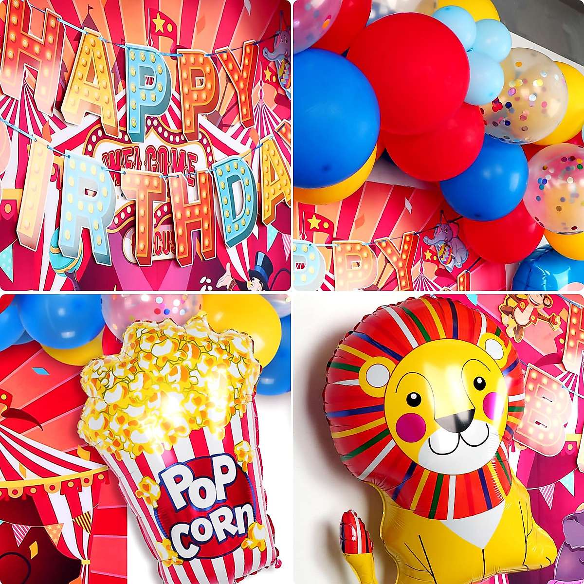 HJINGY Carnival Theme Party Decorations, Circus Theme Party Decorations with Carnival Balloons, Carnival Backdrop, Tablecloth, Happy Birthday Banners, Cake Toppers, Paper Plates and Napkins Set