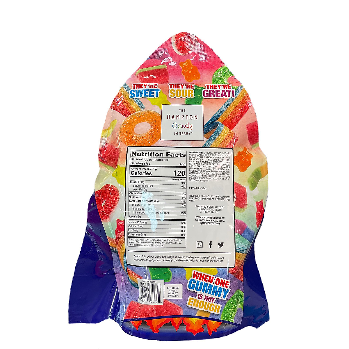 THC The Hampton Candy Company, Sweet & Sour Mega Gummy Mix, Resealable Bag, Assorted, 3 lb, 48 Oz