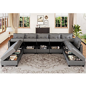 LLappuil Modular Sectional Sofa with Reversible Chaise, U Shaped Couch with Storage, Modern Faux Leather Fabric Sofa with Ottoman, Oversized Sectionals for Living Room, 9 Seat, Dark Grey