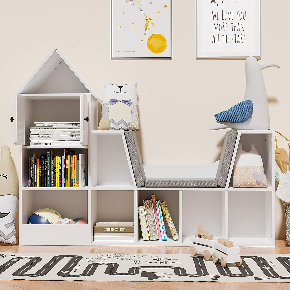 Cozy Castle 56.9" Wooden Kids Bookshelf with Reading Nook, Kids Bookcase with Detachable Cushions,Toy Storage Organizer with 9 Cubes and 2 Doors for Bedroom, Playroom, White