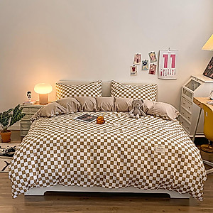 BEUFLO DREMS Checkered Duvet Cover Twin,100% Cotton Soft Duvet Cover Sets 4 PCS Plaid Bedding Comforter Cover Set with Zipper,Brown Bedding Set,1 Duvet Cover +1 Flat Sheet + 2 Pillow Cases