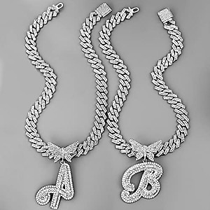 JNCTCOE Cuban Link Chain for Women Cursive Silver Initial 14MM Diamond Prong Cuban Chain Hip Hop Iced Out Chain Necklace Butterfly Initial Letter Name Necklaces for Women (K, Silver)