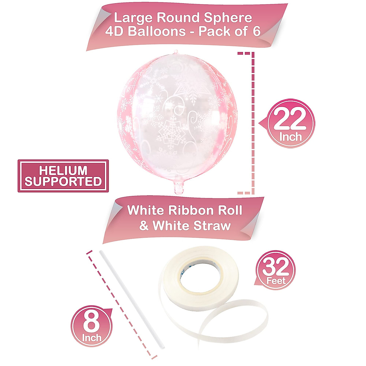 KatchOn, Huge 22 Inch Pink Snowflake Balloons - Pack of 6 | Mylar Snowflake Balloon, Pink Snowflake Decorations | Winter Onederland 1st Birthday Girl Decorations | Baby Shower, Christmas Decorations