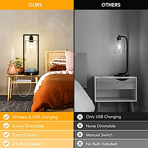 Wireless Charging Touch Control Table Lamp Set of 2, Dimmable Bedside Nightstand Lamps with USB Port, Industrial Desk Lamps for Bedroom Living Room Office Seeded Glass Shade, Bulbs Included