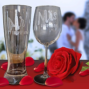 Personalized Mr & Mrs Couples Beer & Wine Glass Set - Set of 2 In Gift Box | Engraved Wedding Toasting Glasses