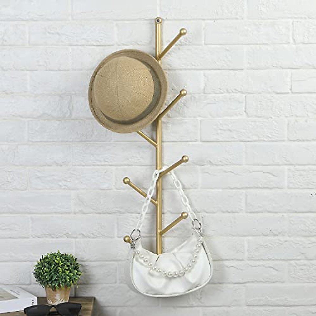 MyGift Gold Tone Metal Coat Rack, Wall Mounted Hat/Garment Hanging Rack with 8 Tree Branch Style Hanger Hooks