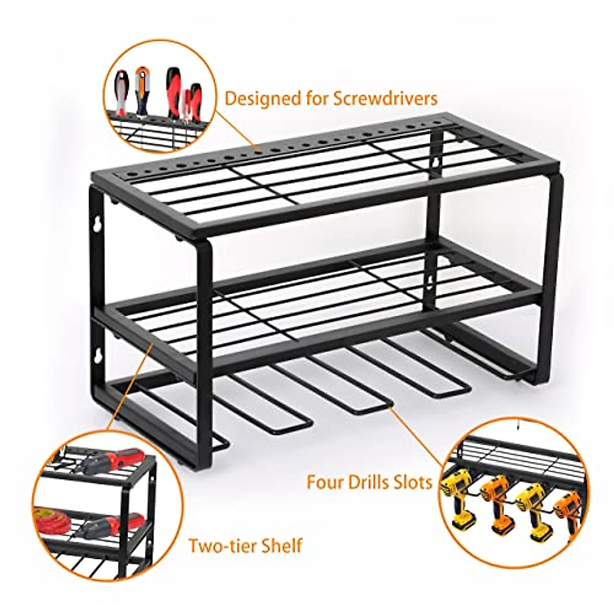 GOHIKING Wall Mount Tool Storage Rack, Garage Organization Heavy Duty Power Tool Organizer for 4 Drills & Batteries Fit Garage, Home, Workshop, Shed Power Tool Storage - Max Load 100lb
