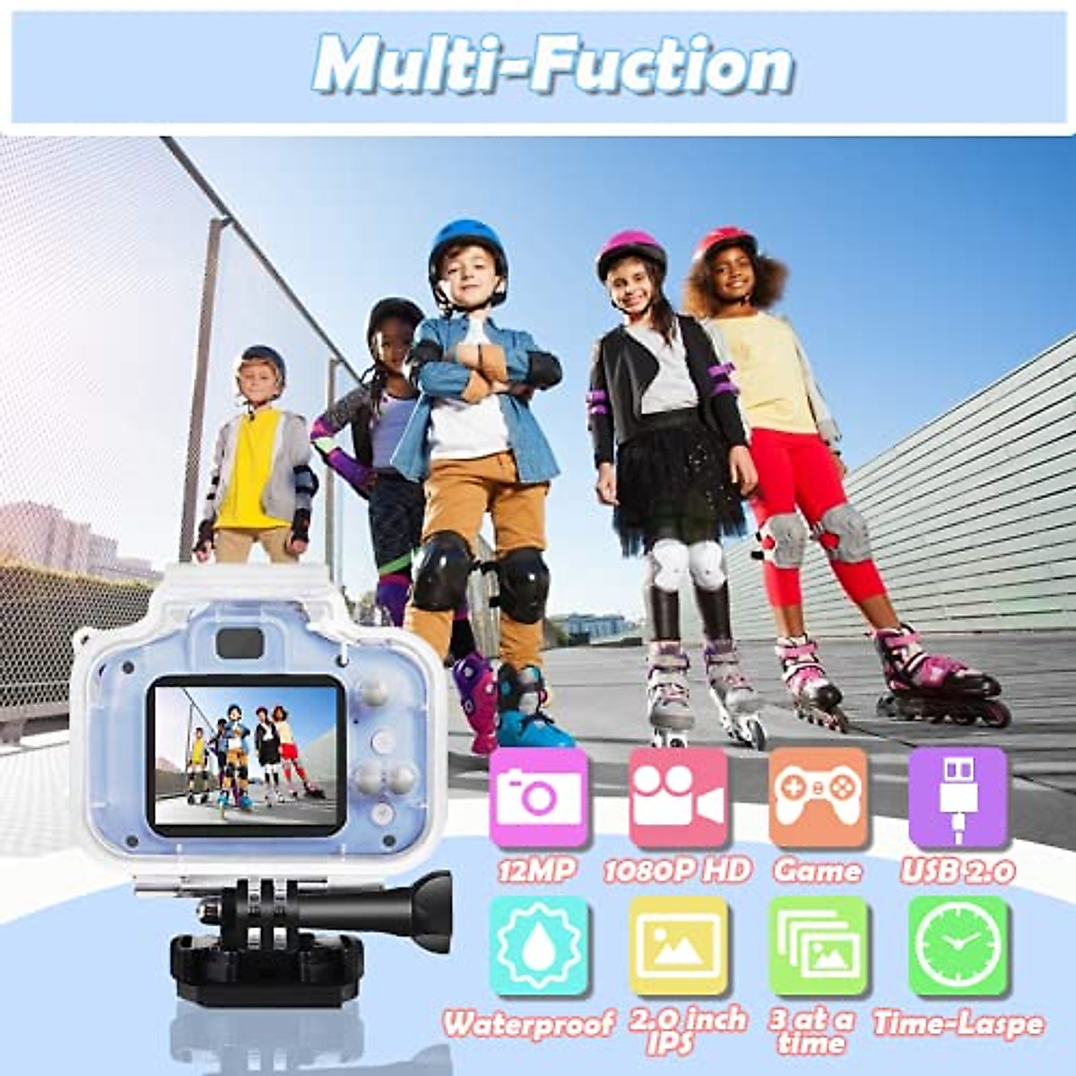 BKMLSR Kids Video Camera Waterproof 1080P HD 12MP Digital Children Action Cameras Toddler Camcorder with 32GB Card for 3-12 Years Old Girls Boys Christmas Birthday Gifts - Blue