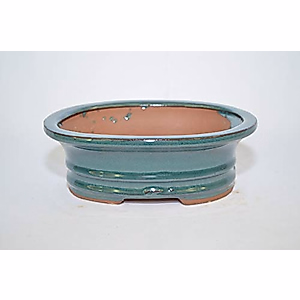 Bonsai Ceramic Pot 7", Teal Color, Oval Shape,Glazed with draining Holes.