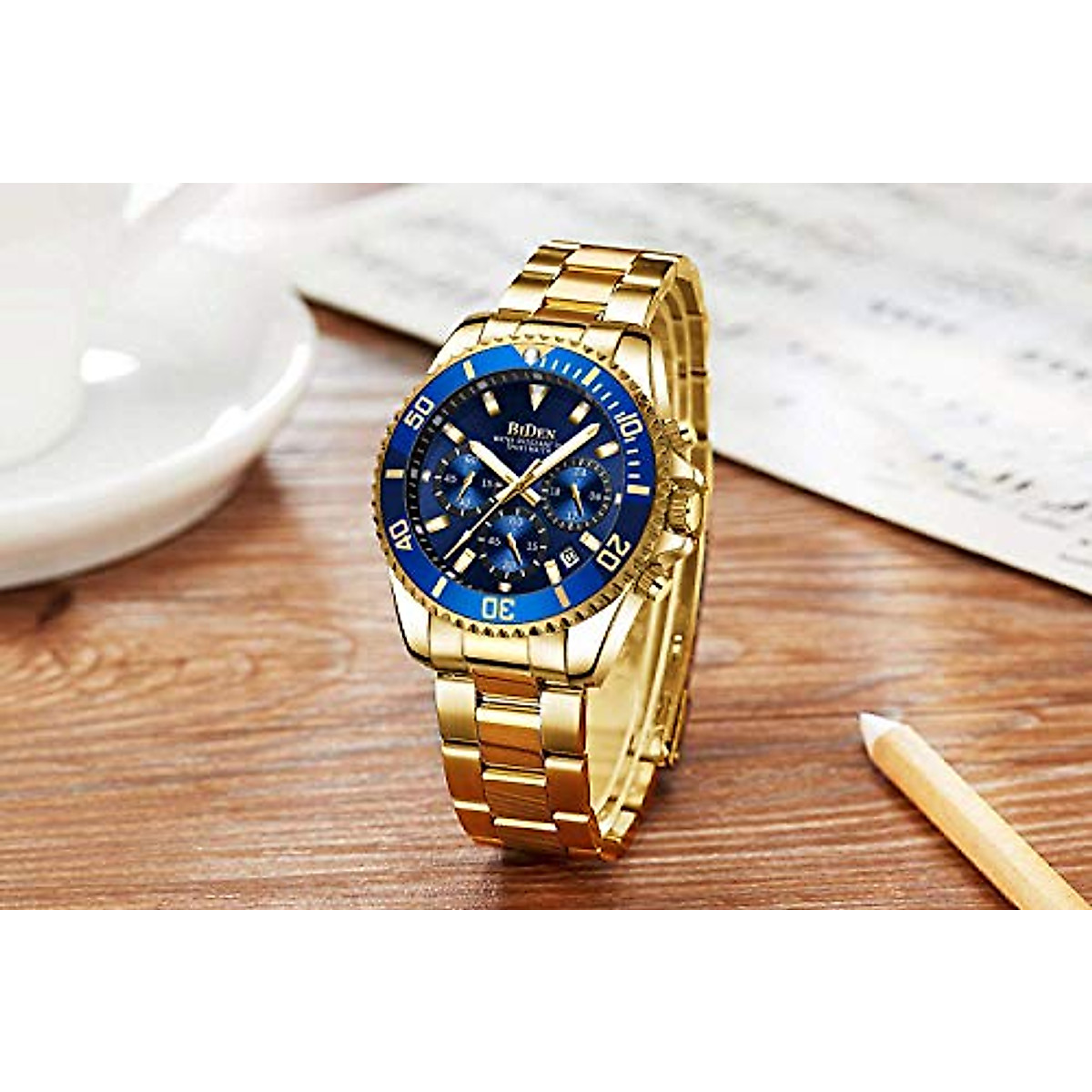 BIDEN Mens Watches Chronograph Gold Blue Stainless Steel Waterproof Date Analog Quartz Watch Business Casual Fashion Wrist Watches for Men