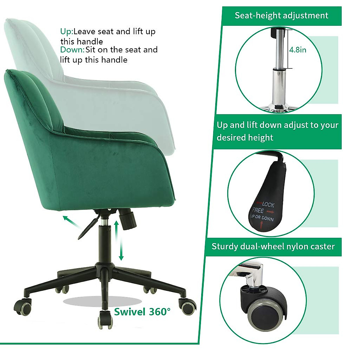 Home Office Desk Chairs Swivel,Comfort Velvet Task Chairs with Arms and Wheels, Adjustable Height, Big Accent SwivelChairs for Living Room and Bedroom (Padded Green)