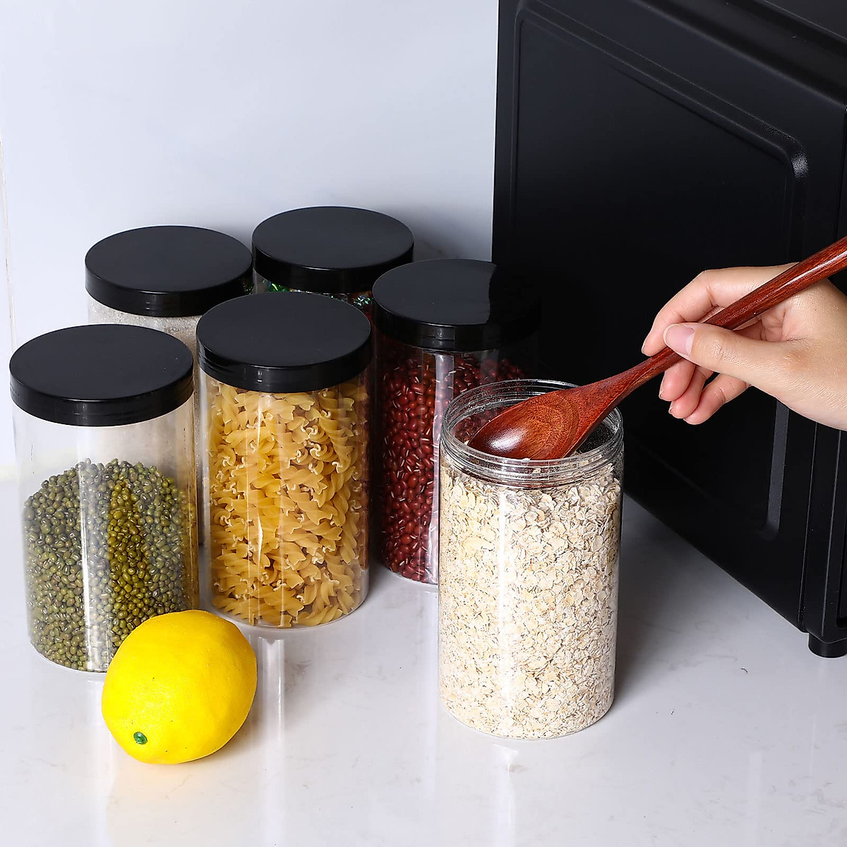 meekoo 12 Pcs 27 Ounce Plastic Jars with Lids PET Airtight Food Storage Container Clear Plastic Mason Jars Wide Mouth Cylinder Container for Meal Kitchen Organizing Spices Butter Cream