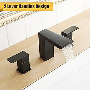 BESy Matte Black Bathroom Faucet 3 Holes Two Handles Lavatory Vanity Sink Faucet Widespread 8 Inch Bathroom Sink Faucet, Waterfall Bathroom Sink Faucet with Supply Hoses, Stainless Steel Faucet