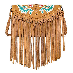 Montana West Handcrafted Leather 4 in 1 Bundle Clutch Crossbody Biker Bag w Fringe & Coin Key Fob (Tan with Antiqued Concho)