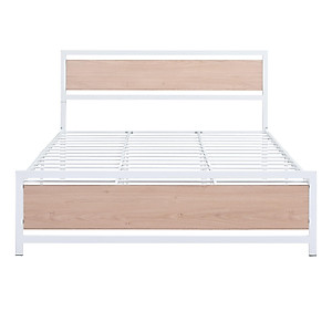 FANYHOME Queen Size Platform Bed, Metal and Wood Bed Frame with Headboard and Footboard, White