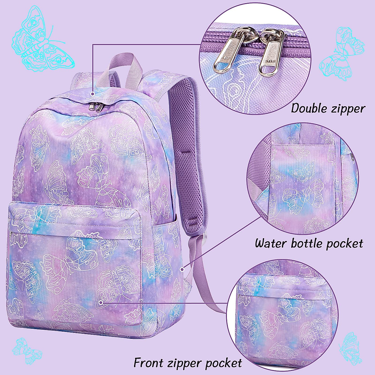 CAMTOP Kids Backpack for Girls Luminous School Bookbag with Lunch Box Set for Preschool Kindergarten Elementary (Butterfly Schoolbag)