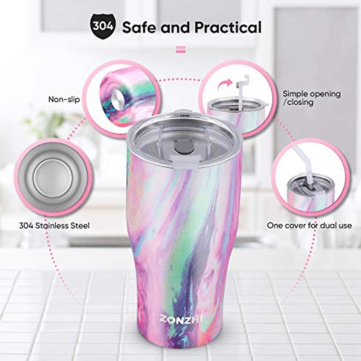 ZONZHI 17oz(500ml) Insulated Tumbler with Lids and Straws & Free Cleaning Brush, Small Reusable Stainless Steel Iced Coffee Tumbler Travel Mug Wine Cup,Keep Drinks Cold 6 Hours,Hot 3 Hours - Rainbow