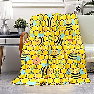 Cute Bee Blanket Bee Gifts for Kids Adults Flowers Yellow Fleece Plush Throw Blanket for Couch Bed Honeycomb Decor, Warm Lightweight Super Soft Blankets All Seasons, 60x50 Inch