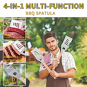 Qinshaine 4-in-1 BBQ Spatula, Multifunction Grill Spatula with Wooden Handle, perfect for BBQ grills and kebabs for camping picnics.