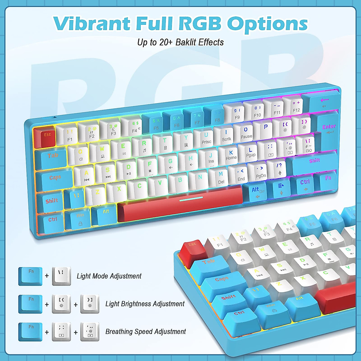 ZIYOU LANG RK-T60 Wired Mechanical Gaming Keyboard and Mouse Combo Mini Portable with Rainbow Backlit 62Key NKRO 6400DPI RGB Honeycomb Mice Coiled Aviator C Cable for PS4/PC/WIN Gamer(Blue/Red Switch)