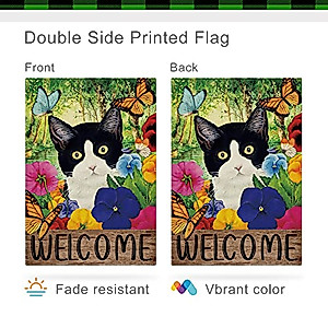 CMEGKE Spring Welcome Cat Butterfly Floral Garden Flag, Spring Summer Cat Flags, Spring Summer Flags Summer Spring Rustic Vertical Double Sided Burlap Cat Butterfly Floral Home Holiday Party Farmhouse Yard Lawn Outside Decorations 12.5 x 18 In