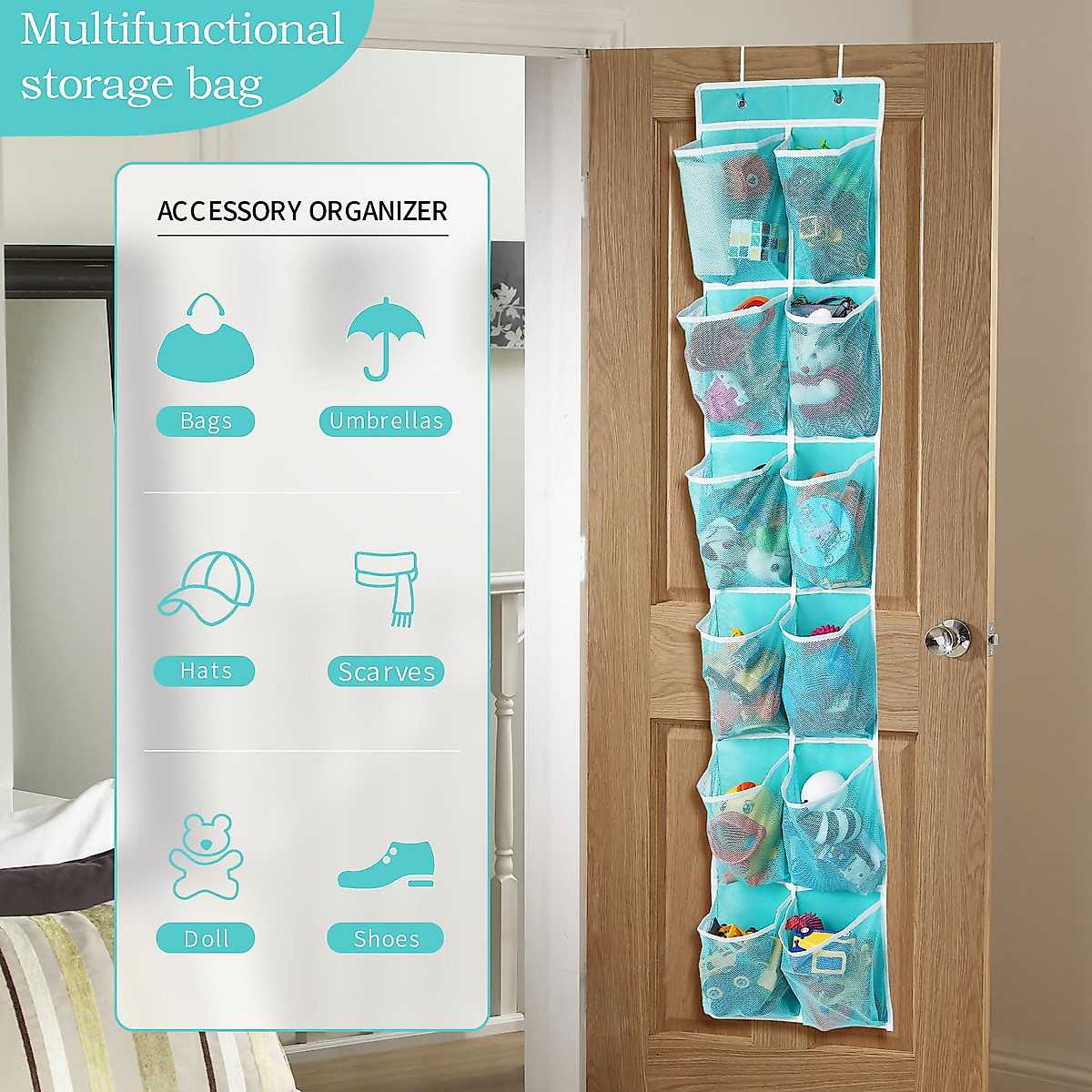GOMAJI Over the Door Hanging Shoe Organizer, 12 Pockets, Turquoise