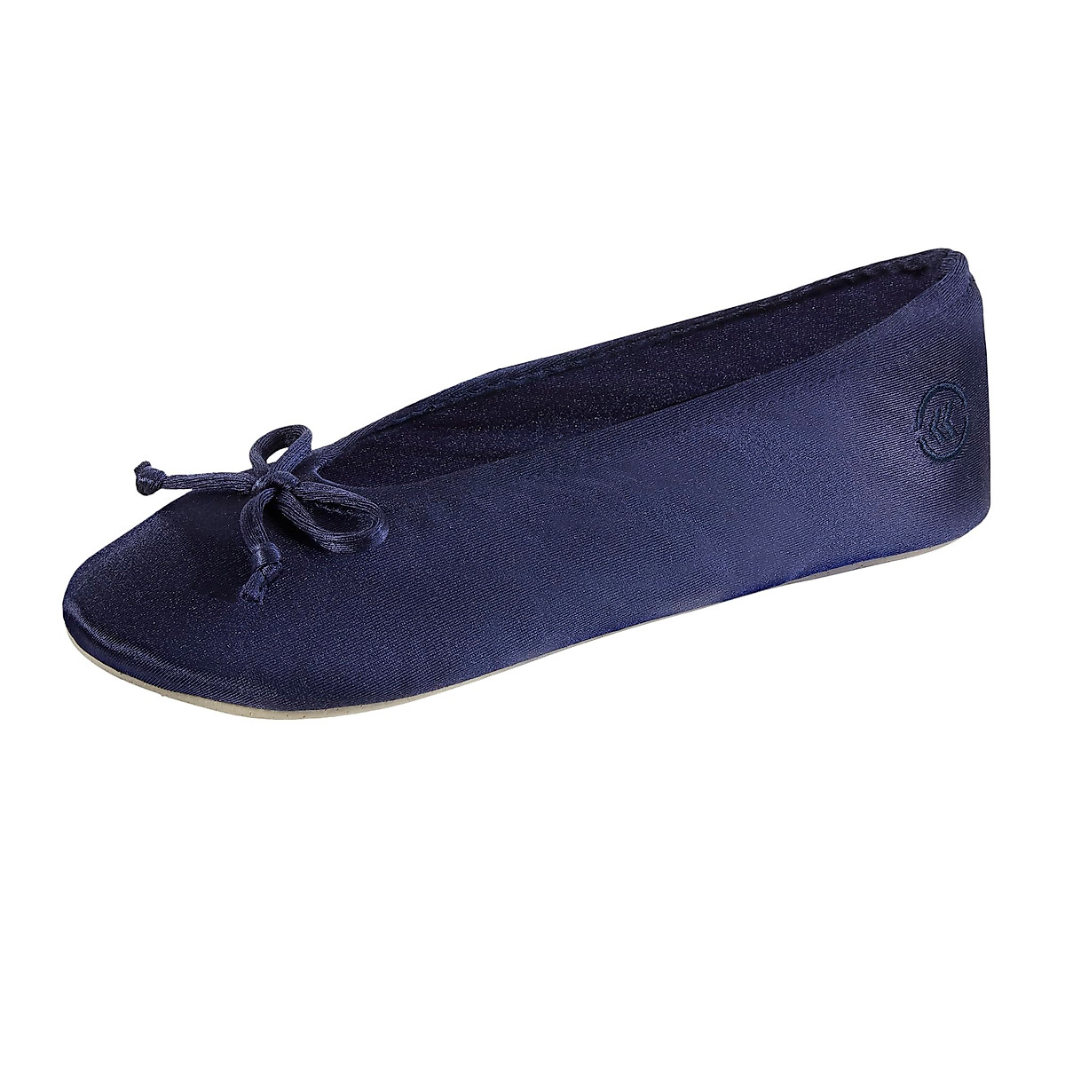 isotoner Women's Satin Ballerina Slippers with Soft Tie Bow and Suede Sole Ballet Flat, Navy Blue, 9.5-10.5