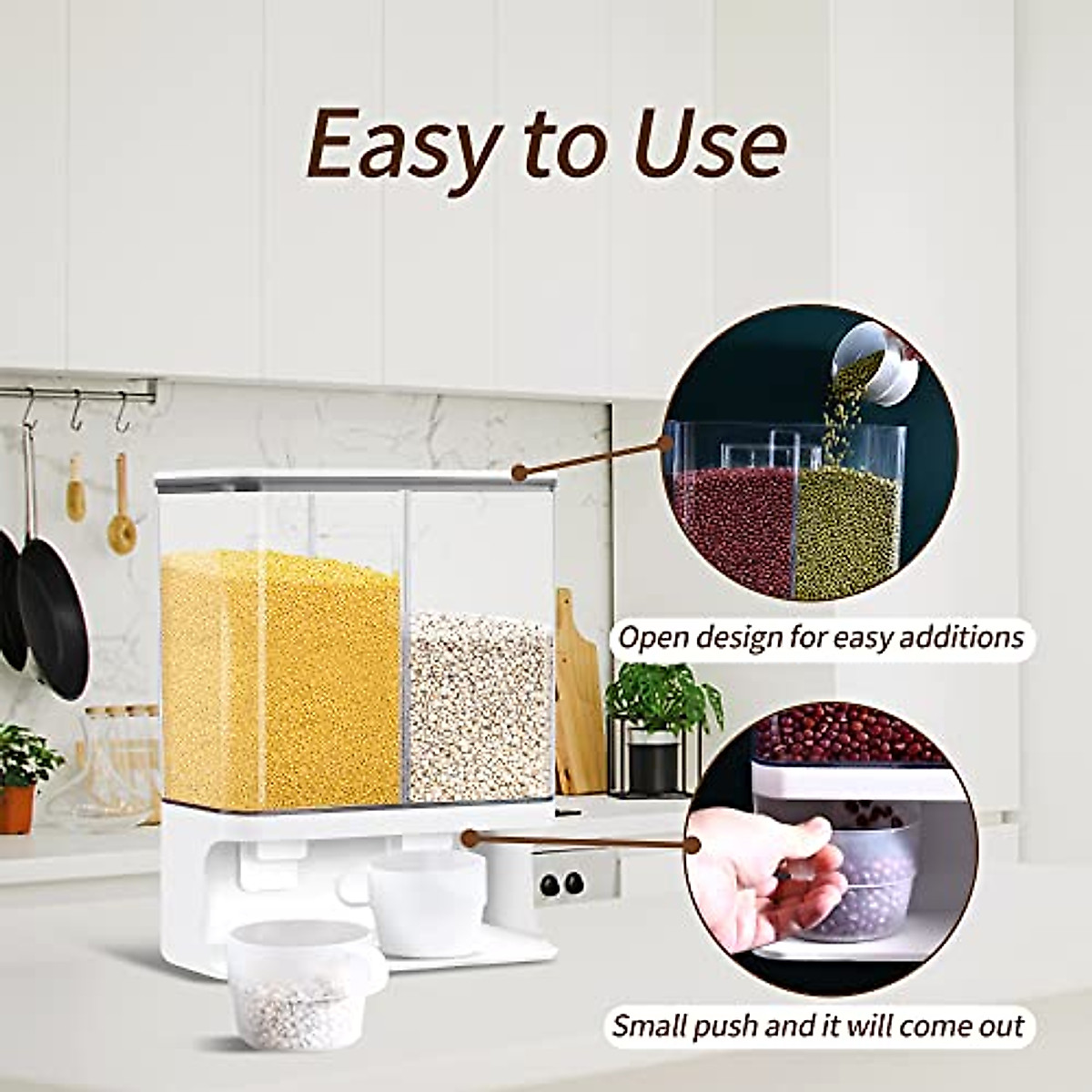 105Oz Rice Dispenser, Wall-Mounted Dry Food Storage Kitchen Organization, Rice Container with 2 Measuring Cups, Suitable for Rice, Beans, Laundry Scent Beads Dispenser