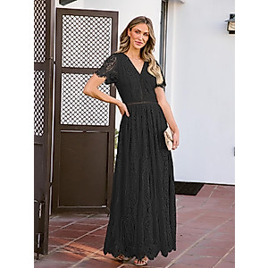 MEROKEETY Women's 2024 V Neck Short Sleeve Floral Lace Wedding Dress Bridesmaid Cocktail Party Maxi Dress, Black, Large