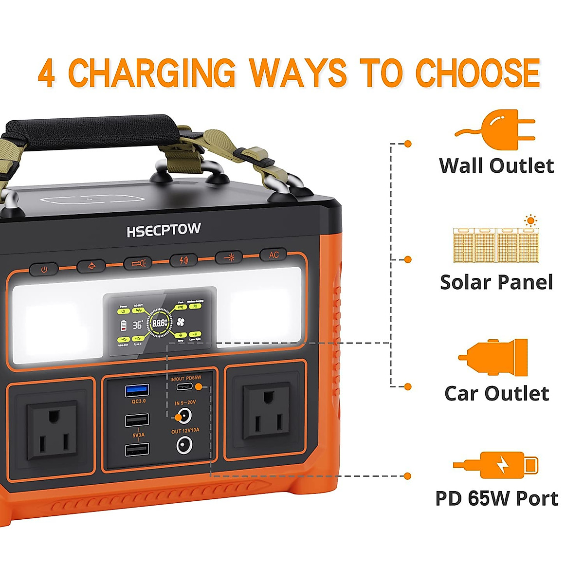 HSECPTOW 600W Portable Power Station, 299Wh Battery Backup w/ 2 x 600W (Peak 1200W) AC Outlets & 15W Wireless Charging, 9-Ports Outdoor Generator, 65W USB-C, Solar Generator for Emergencies Camping RV