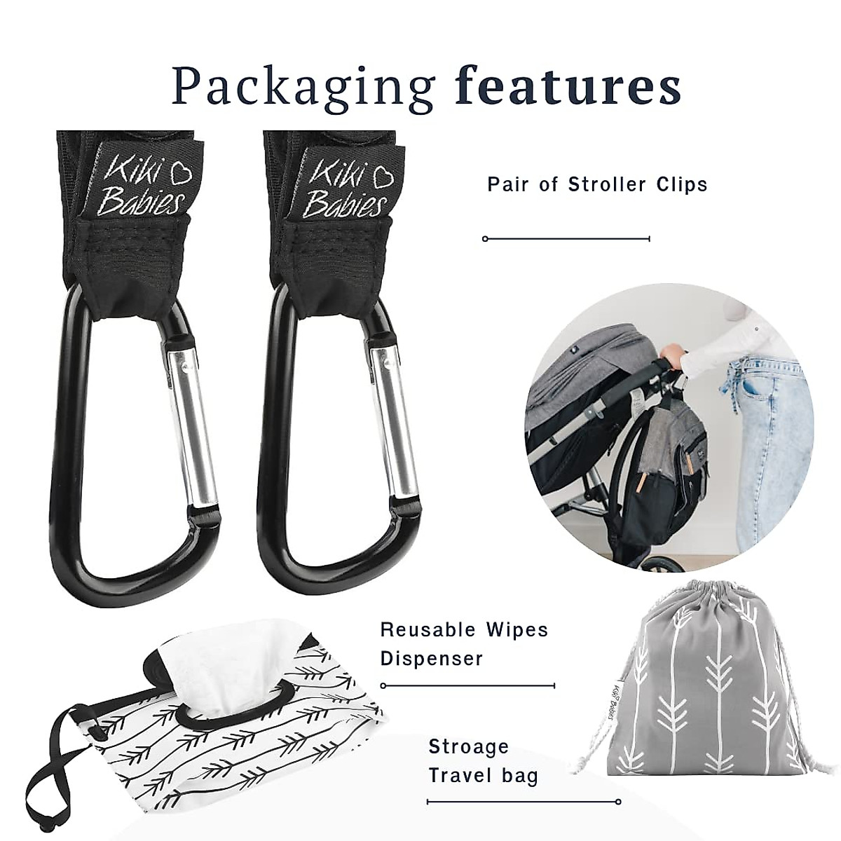 Kiki Babies 2-Pack Stroller Hooks for Bags, Multifunctional Stroller Clip, Diaper Bag Hook, Heavy Duty Carabiner Hanger, Extra Large for Baby Accessories, Bonus Wipes Case & Bag