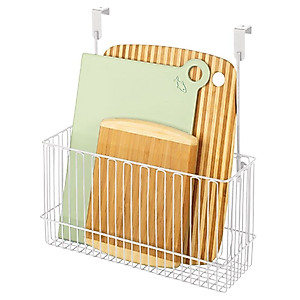 mDesign Metal Over Cabinet Kitchen Storage Organizer Holder or Basket - Hang Over Cabinet Doors in Kitchen/Pantry - Holds Bakeware, Cookbook, Cleaning Supplies - Steel Wire - White