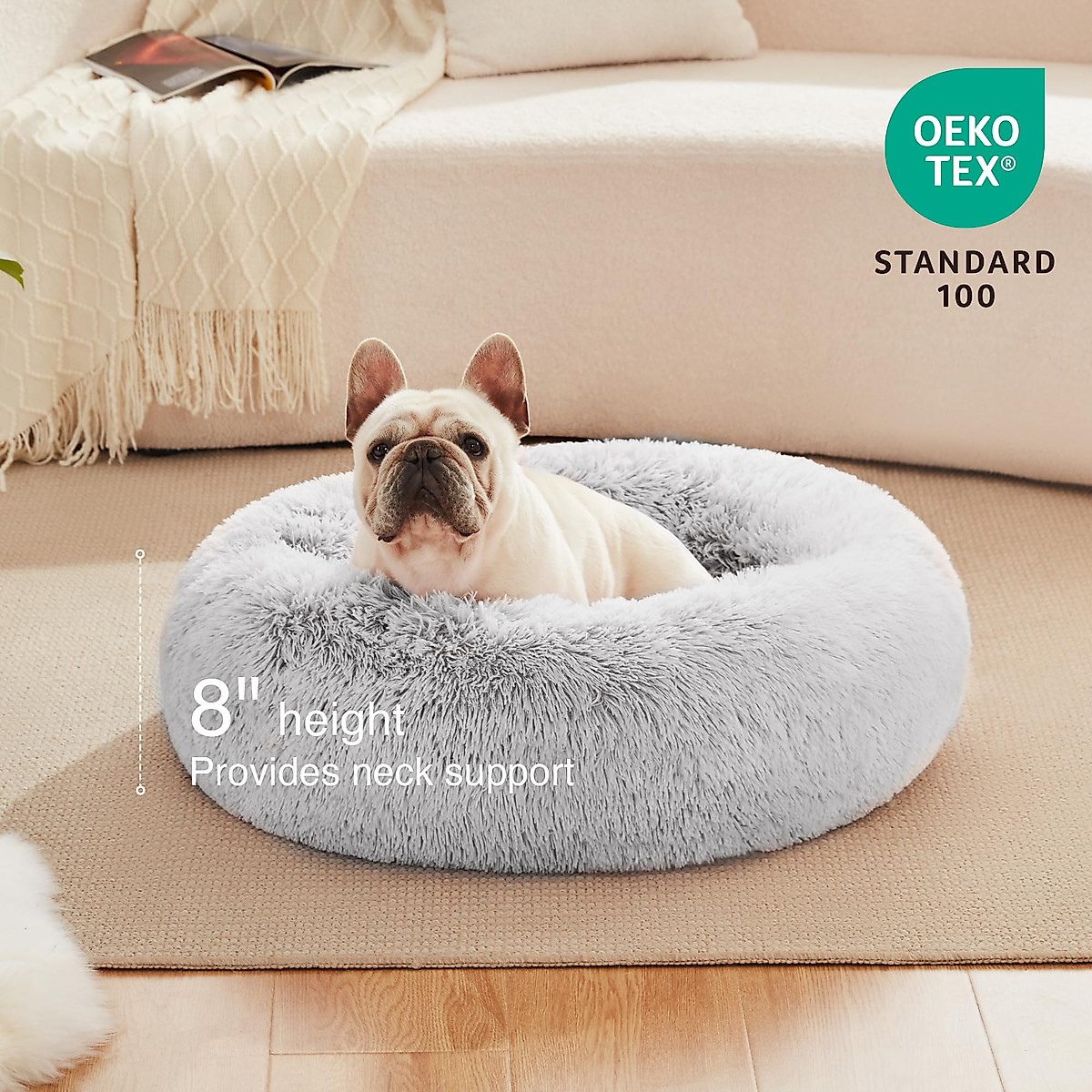 Love's cabin 24in Cat Beds for Indoor Cats - Cat Bed with Machine Washable, Waterproof Bottom - Grey Fluffy Dog and Cat Calming Cushion Bed for Joint-Relief and Sleep Improvement