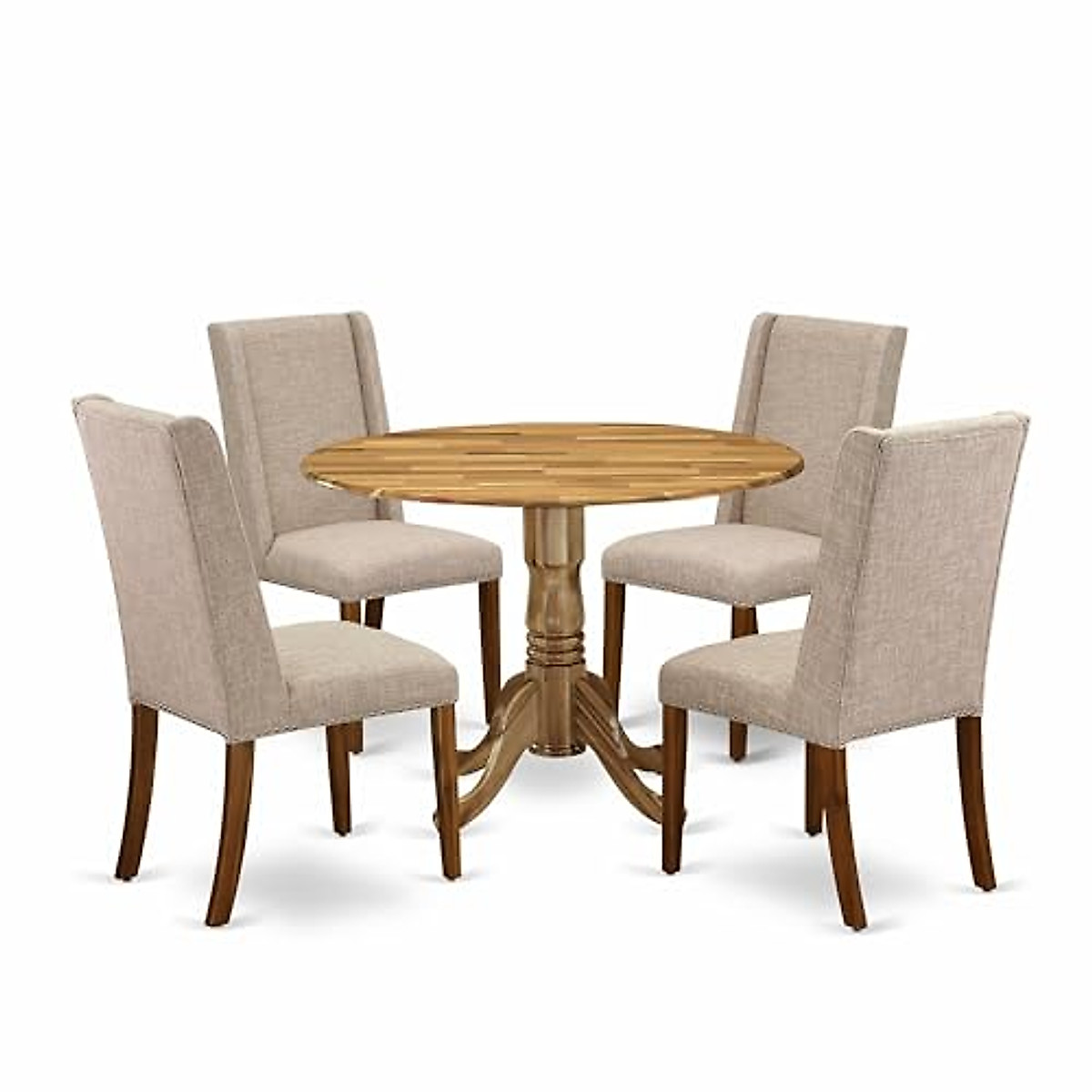 East West Furniture DLFL5-ANA-04 5 Piece Dining Room Furniture Set Includes a Round Dining Table with Dropleaf and 4 Light Tan Linen Fabric Parsons Chairs, 42x42 Inch, Natural