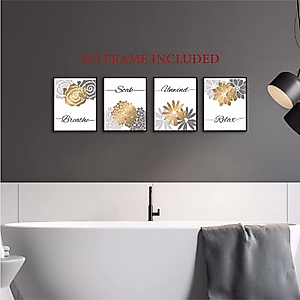 Unframed Relax Soak Unwind Breathe Bathroom Wall Decor - Paintlig 8x10 inch Bathroom Wall Art, Abstract Flowers Gold Foil Print Bathroom Decor Wall Art, Set of 4 Bathroom Pictures for Wall Decor, Bathroom Art (Gold)