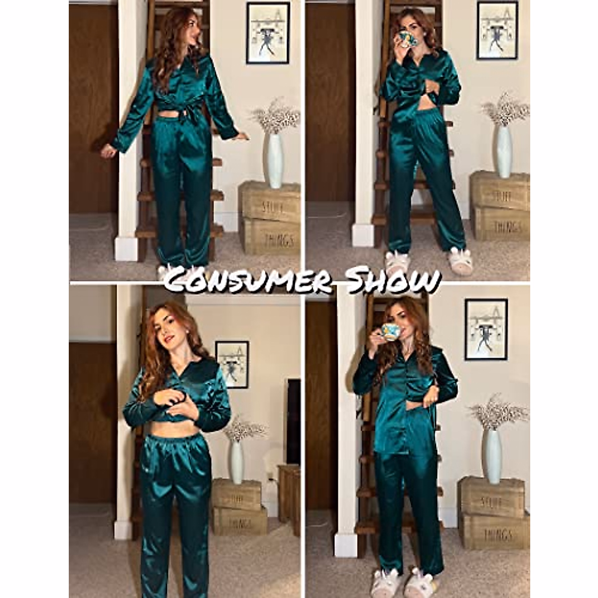 Ekouaer Womens Silk Pjs Long Sleeve Sleepwear Satin Pajamas Top and Pants Set Two Piece Sleep Set Dark Green