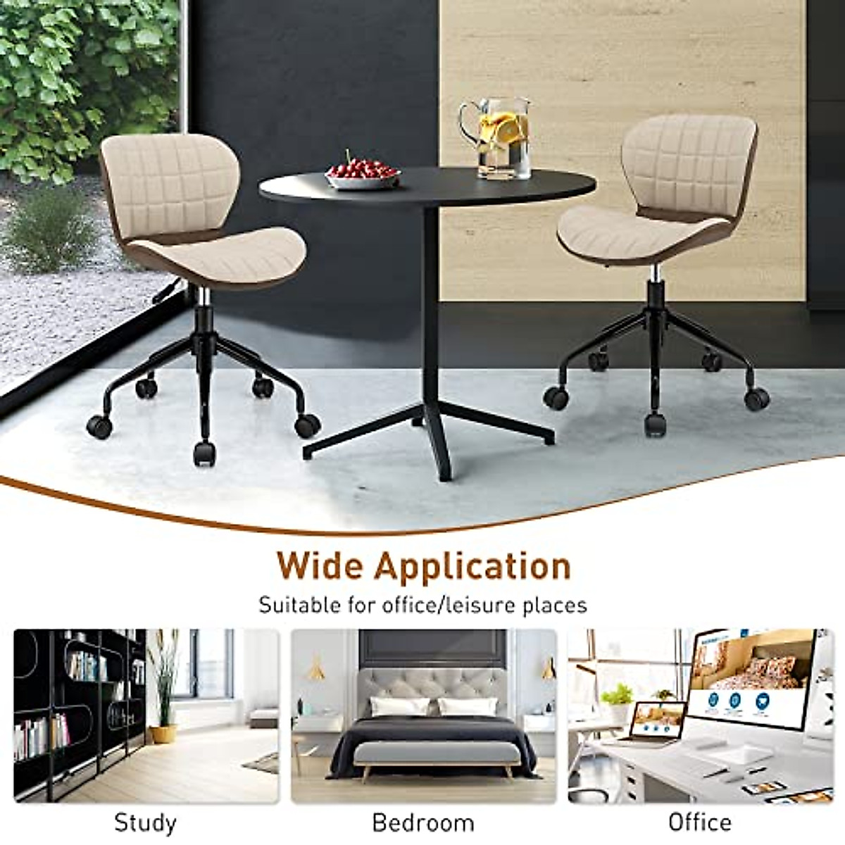 Giantex Home Office Desk Chair, 360° Swivel Height Adjustable Office Chair w/PU Leather, Modern Office Chair, Ergonomic Curved Wood Desk Chairs, Leather Armless Task Chair for Office, Beige & Brown