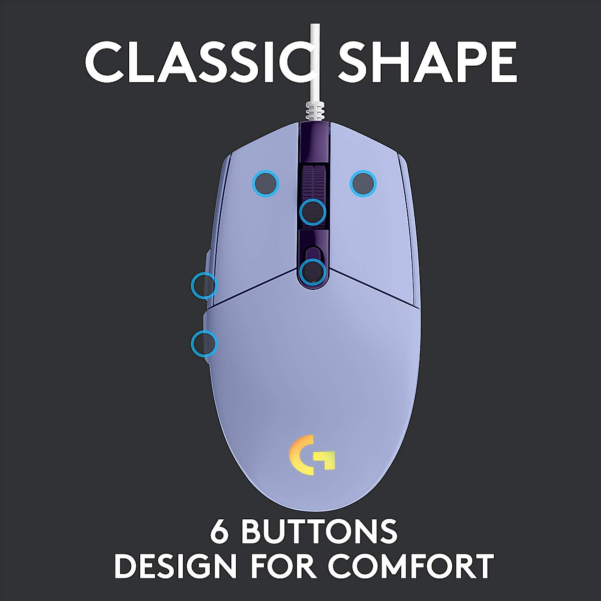 Logitech G203 Wired Gaming Mouse, 8,000 DPI, Rainbow Optical Effect LIGHTSYNC RGB, 6 Programmable Buttons, On-Board Memory, Screen Mapping, PC/Mac Computer and Laptop Compatible - Lilac