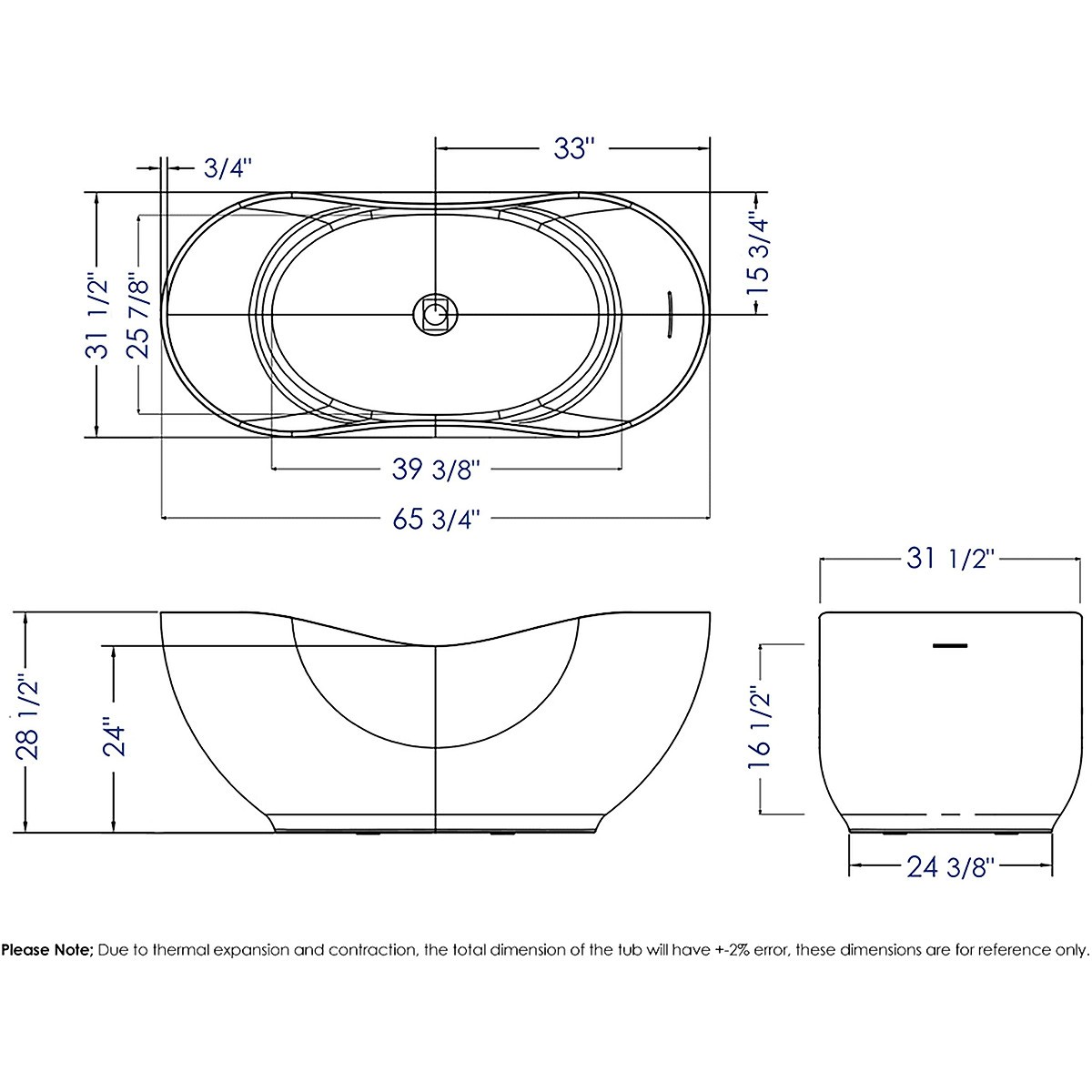 ALFI brand AB9949 66" White Solid Surface Smooth Resin Soaking Bathtub, 65.75" L x 31.5" W x 28.5" H