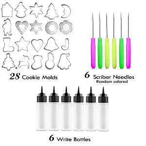 Artcome 40Pcs Christmas Cookie Decorating Tool Set, 28Pcs Cookie Cutters, 6Pcs Easy Squeeze Write Bottles and 6Pcs Sugar Stir Needles, Cookie Decorating Supplies Kit For DIY Cookies and Cakes