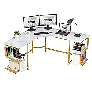 Teraves Modern L Shaped Desk with Shelves,64.84" Computer Desk/Gaming Desk for Home Office,Corner Desk with Large Desktop (White Marbling+ Gold Frame, Large+4 Tier Shelves)