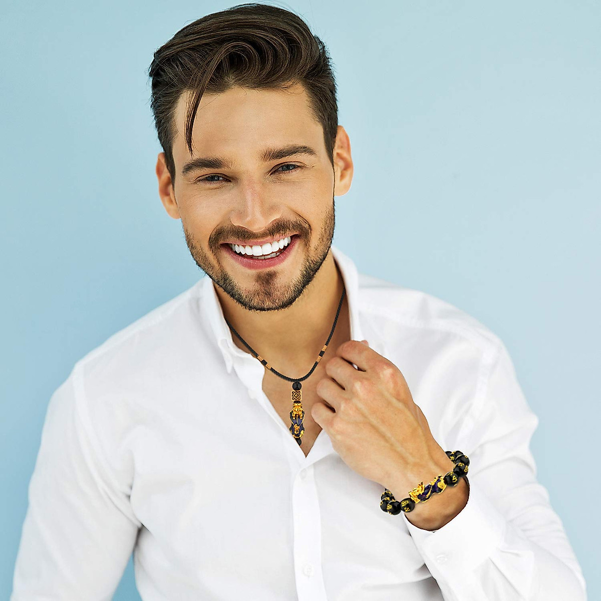 Hicarer 4 Pieces Feng Shui Bracelet Necklace Set for Women Men, Wealth Bracelet Good Luck Necklace Pi Xiu Pi Yao Bead Bracelet Adjustable Friendship Charm Bracelet Jewelry