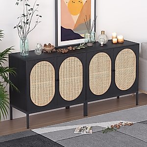 63" W Black Large Rattan Cabinet, Sideboard Buffet Cabinet with Natural Rattan Hand-Woven Doors, Accent Buffet Console Storage Credenza, for Living Room Hallway Kitchen, Metal Legs, Natural-2 Pieces