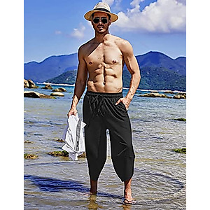 COOFANDY Men's Beach Pants Loose Casual Lightweight Elastic Waist Summer Linen Pants Black
