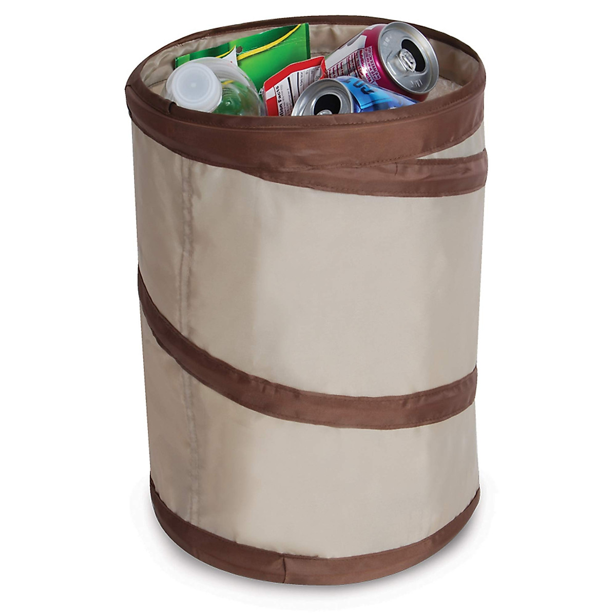 Smart Design Spiral Pop Up Trash Bin with Open Top - Easy to Clean Design - for Recyclables, Garbage, Paper Clutter, Trash Bin - Home - 9.5 x 13 Inch - Beige with Dark Brown Trim