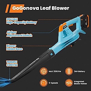 GoGonova 20V Leaf Blower Cordless with Battery and Charger, Electric Leaf Blower with 330CFM Power and 6 Speeds, Battery Powered Leaf Blower for Lawn