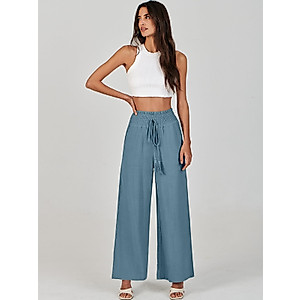 ANRABESS Women's Linen Pants Summer Casual Palazzo Beach Pant Drawstring High Waist Wide Leg Trousers Vacation Outfits Small Lake Blue