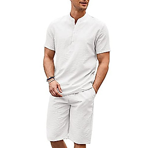 COOFANDY Men's 2 Pieces Linen Set Casual Henley Shirts Short Sleeve Beach Yoga Shorts Summer Pants Outfits