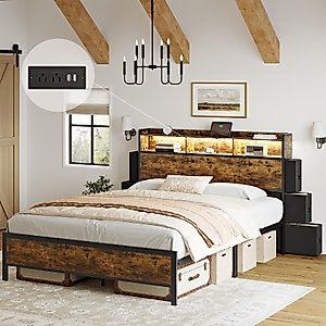 HAUSOURCE Queen Bed Frame with Bookcase Headboard and 6 Headboard Storage Drawers LED Lights Metal Platform Non-Slip Without Noise Metal Slats Support No Box Spring Needed