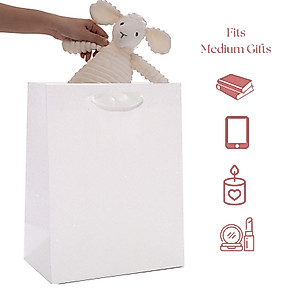 PAPER FAIR 12Pcs Embossed Crystal White Glitter Gift Bags with 24 Tissue Paper Bulk, M 9x7 Inch, Christmas Valentines Day Gift Wrap Bag, Wedding Bridal Shower Favor Bag Gift Packaging, Holiday